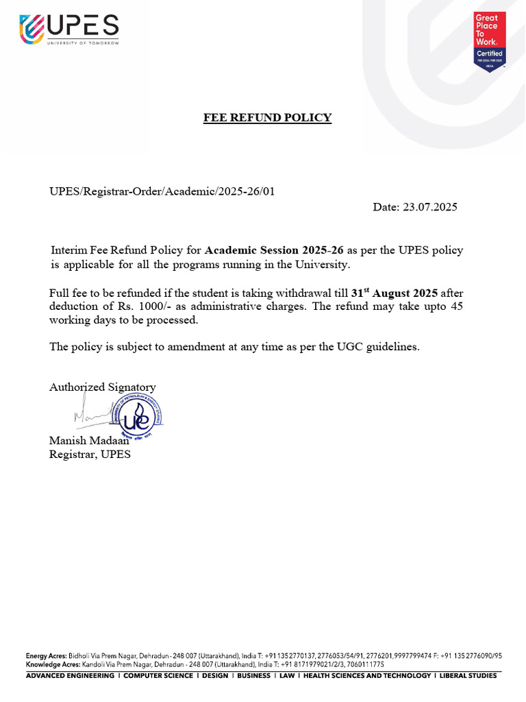 UPES Fee Refund Policy 2025-26 | PDF
