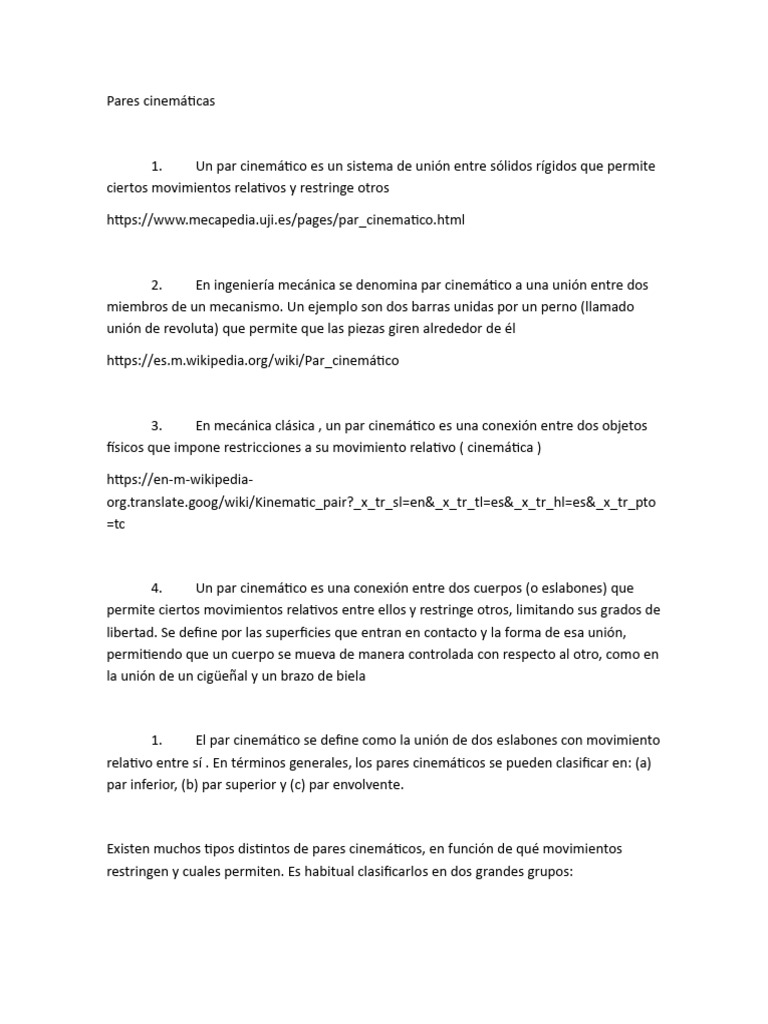 Clasificación de Pares Cinemáticos | PDF | Ingeniería mecánica | Cinemática