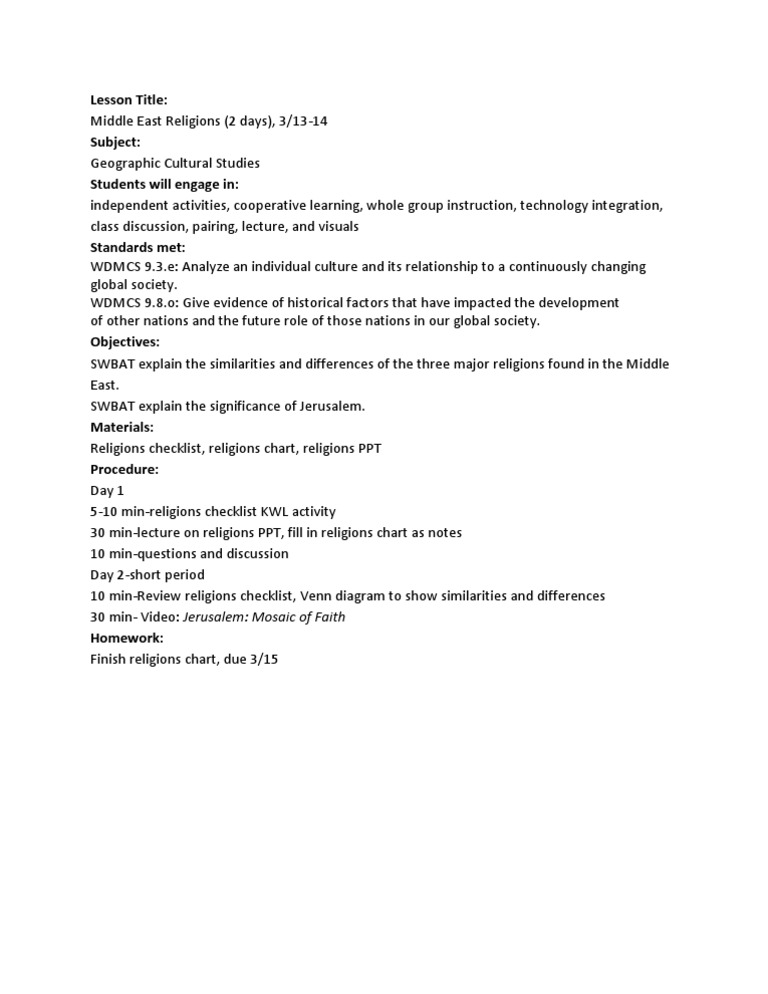 Religions Lesson Plan | PDF