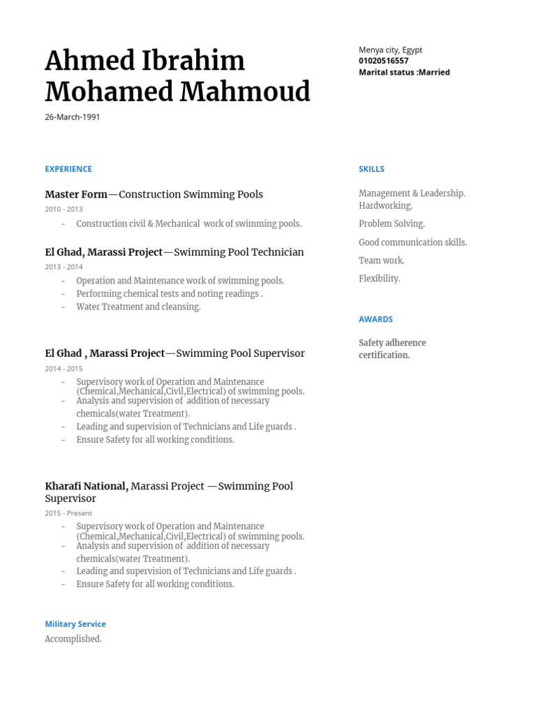 Swimming Pool Technician & Supervisor Resume | PDF