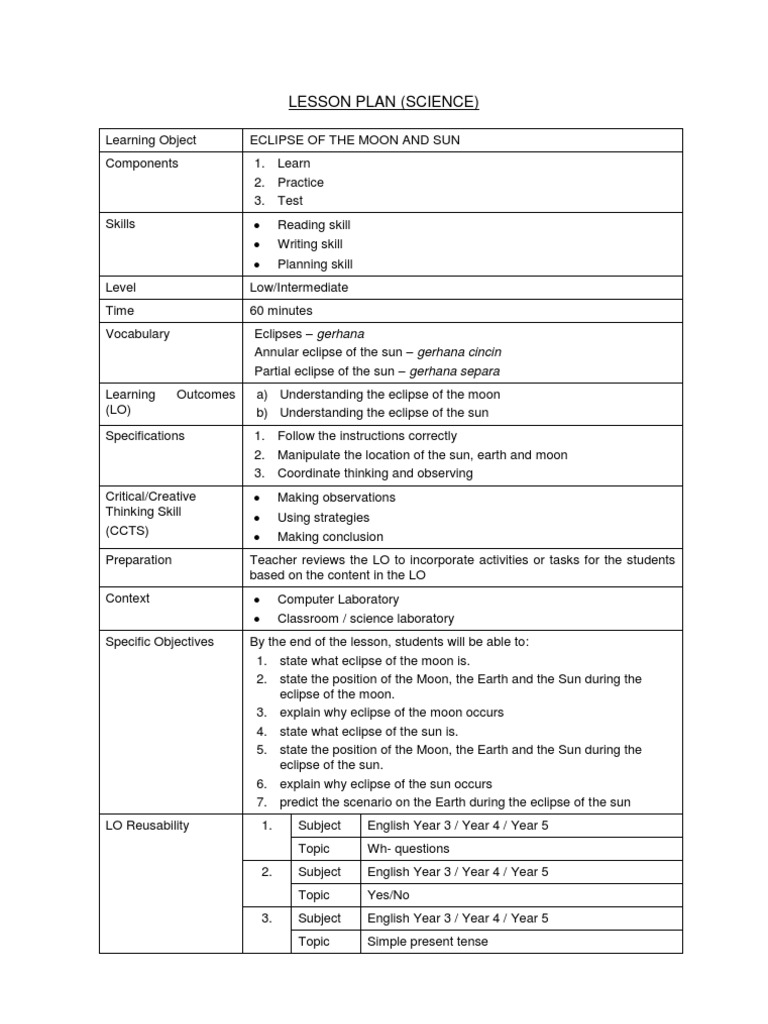 Lesson Plan - Eclipses of The Moon and The Sun | Download Free PDF ...