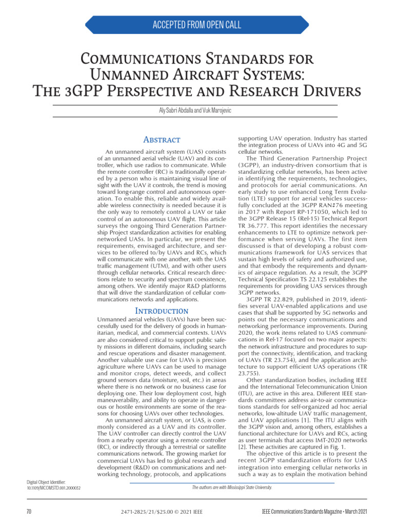 Communications Standards For UAS The 3GPP Perspective and Research ...