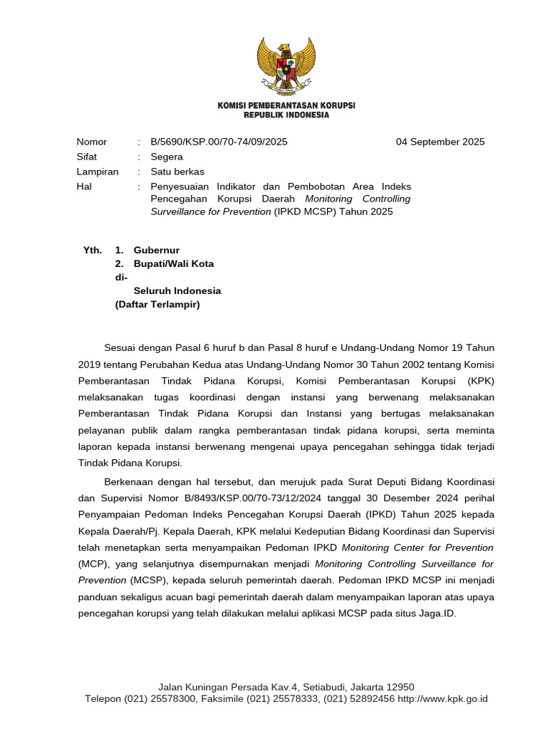 Surat KPK No 5690 - Penyesuaian MCSP 2025 - Yth Kada | PDF