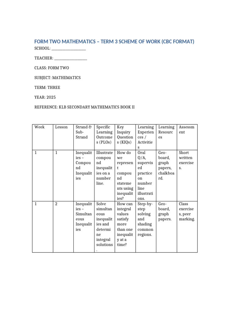 Form 2 Mathematics Term 3 Scheme of Work | PDF