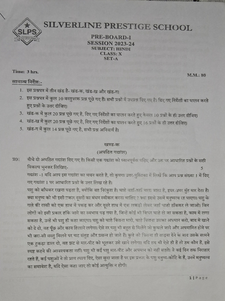 Hindi Pre Board 1 | PDF