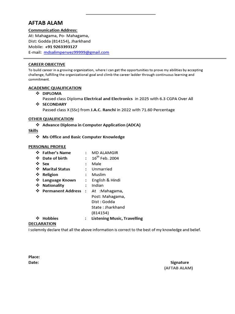 Aftab Alam's CV and Career Goals | PDF