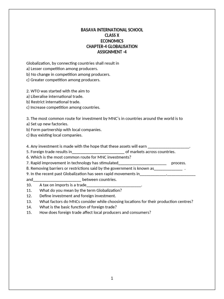 Globalization Economics Assignment for Class X | PDF