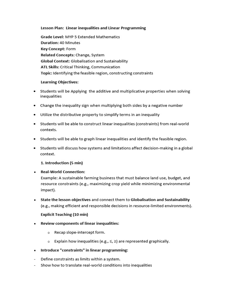 Linear Inequalities & Programming Lesson Plan | PDF | Inequality ...