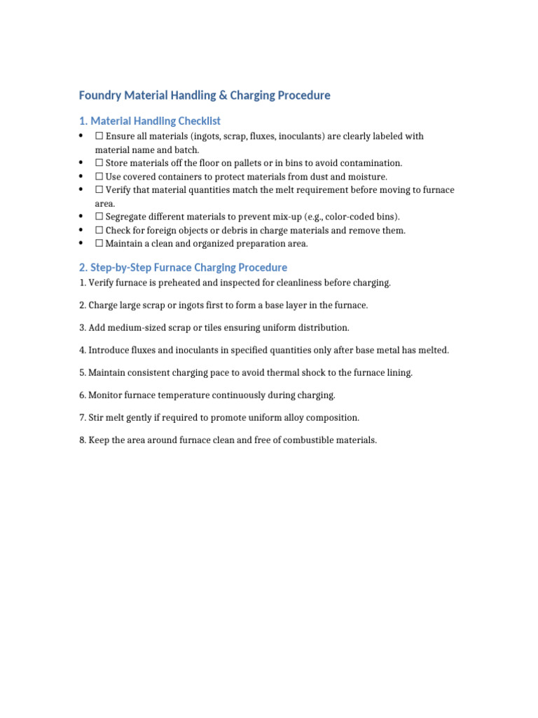 Foundry Material Handling and Charging Procedure | PDF