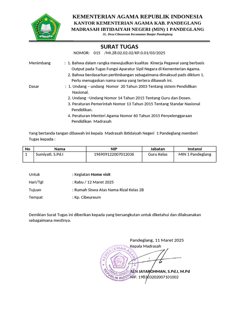 Surat Tugas Home Visit MIN 1 Pandeglang | PDF