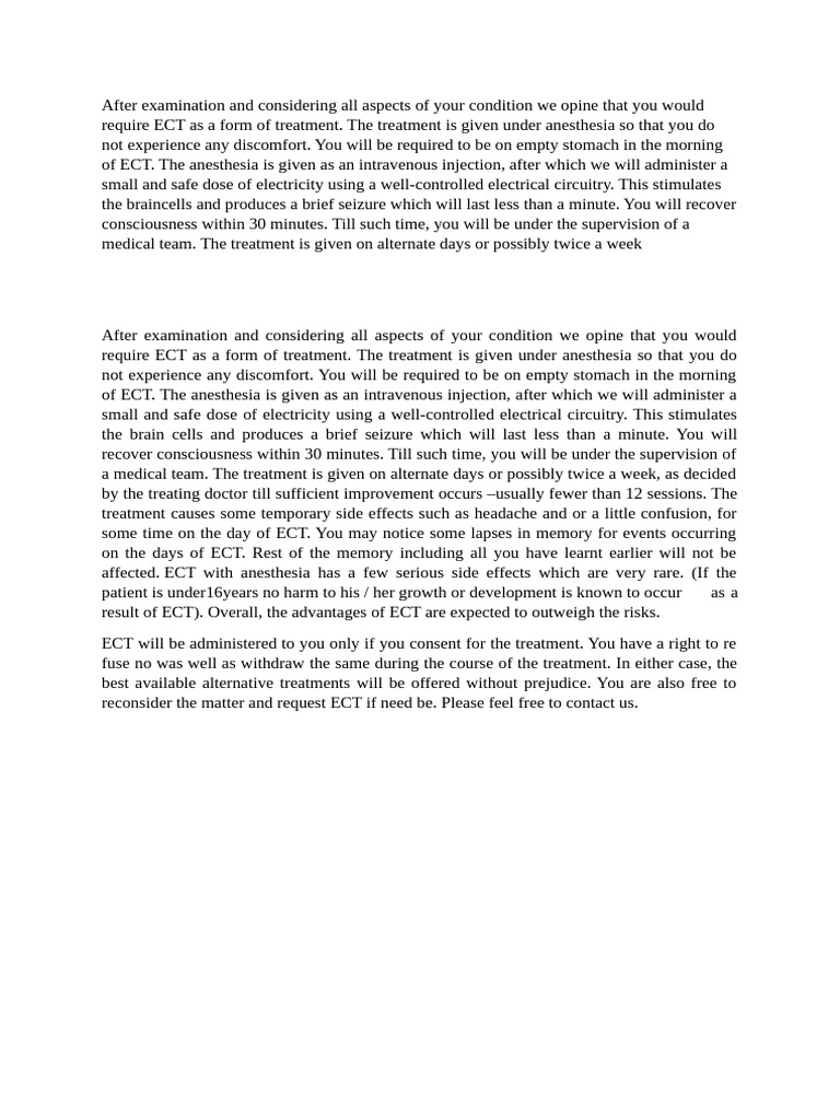 ECT Treatment Overview and Consent | PDF