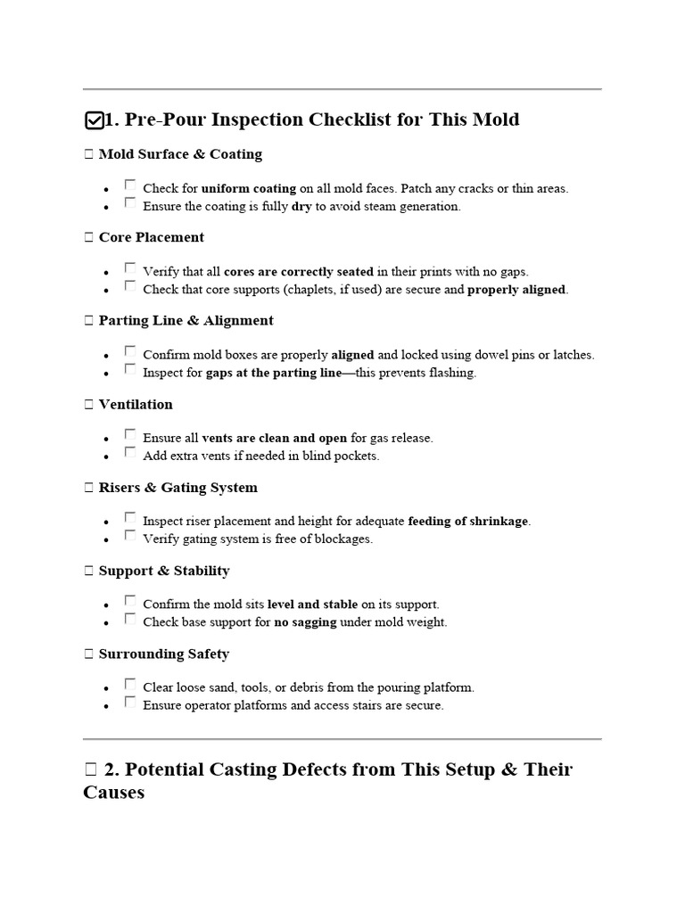 Foundry Mold Pre-Pour Checklist | PDF