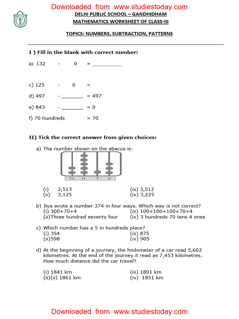CBSE Class 3 Mathematics Worksheet 12 Numbers Subtraction Patterns | PDF