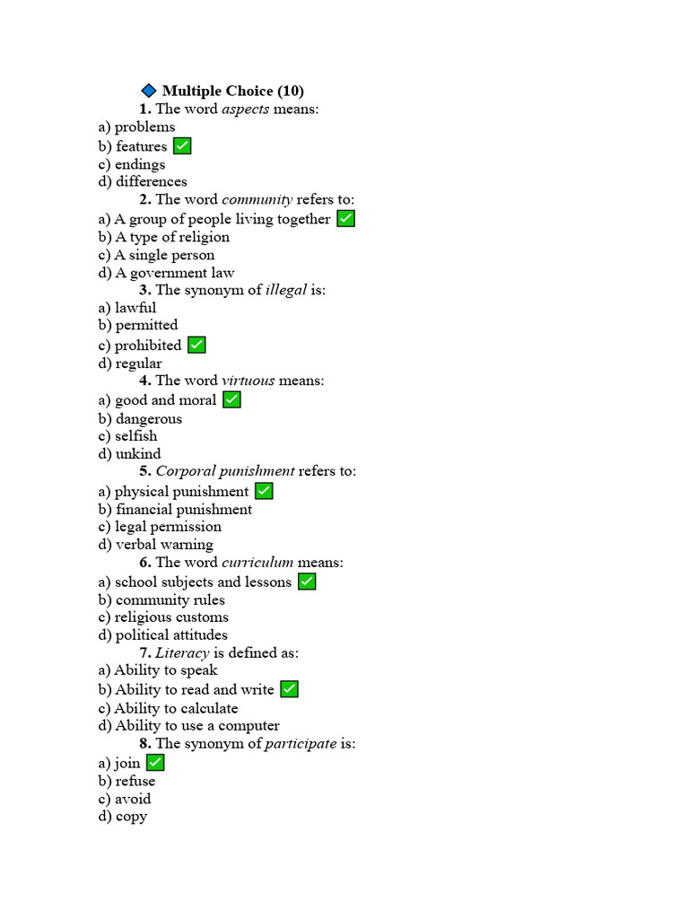 Vocabulary Quiz: Multiple Choice & True/False | PDF