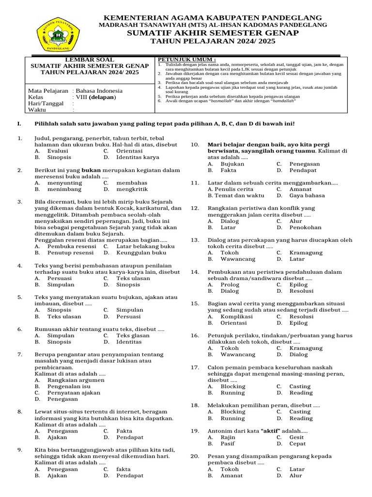 Soal Bahasa Indonesia Kelas 8 Semester 2 | PDF