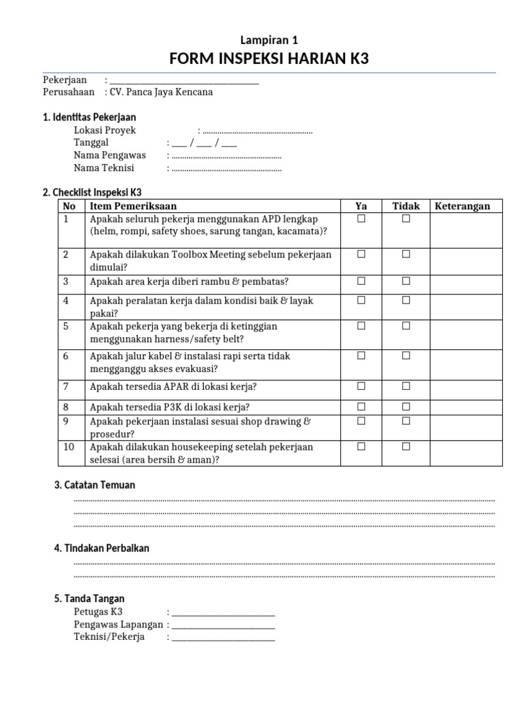 Formulir Inspeksi K3 Harian CV Panca Jaya | PDF