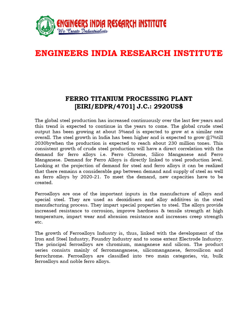 Detailed Project Report On FERRO TITANIUM PROCESSING PLANT | PDF ...