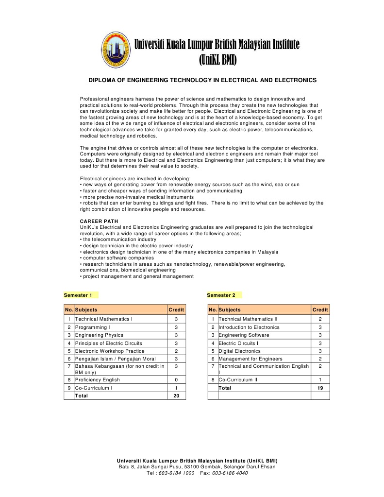 UniKL BMI Electrical Engineering Diploma | PDF | Electrical Engineering ...