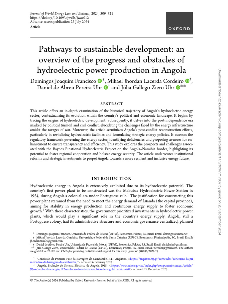 Hydroelectric Power in Angola's Development | PDF