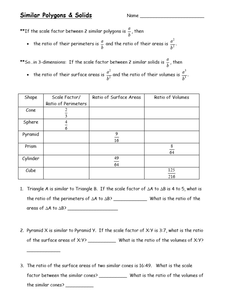Ratios in Similar Solids Worksheet | PDF | Area | Volume