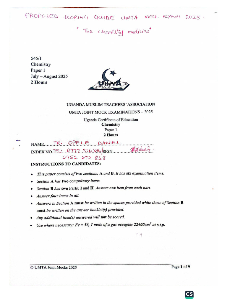 Umta Proposed Scoring Guide Uce Chem 1 2025 by Tr. Opele Daniel 2 | PDF
