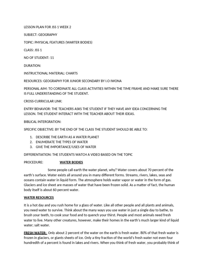 JSS 1 Geography: Water Bodies Lesson Plan | PDF | Water | Fresh Water