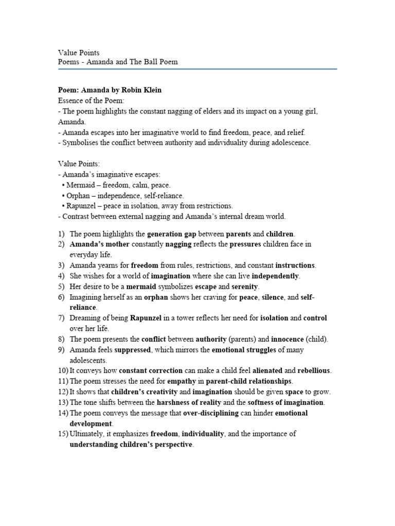 Value Points of Poems Amanda and Ball Poem | PDF | Grief | Reality