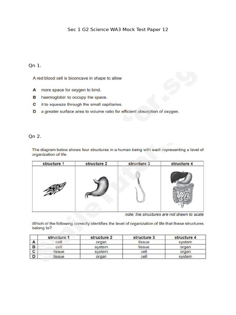 Sec 1 G2 Science WA3 Mock Test Paper 12 | PDF