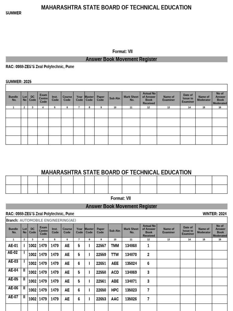 Answer Book Movement Register (Format-VII) SUM 25 | PDF | Engineering ...