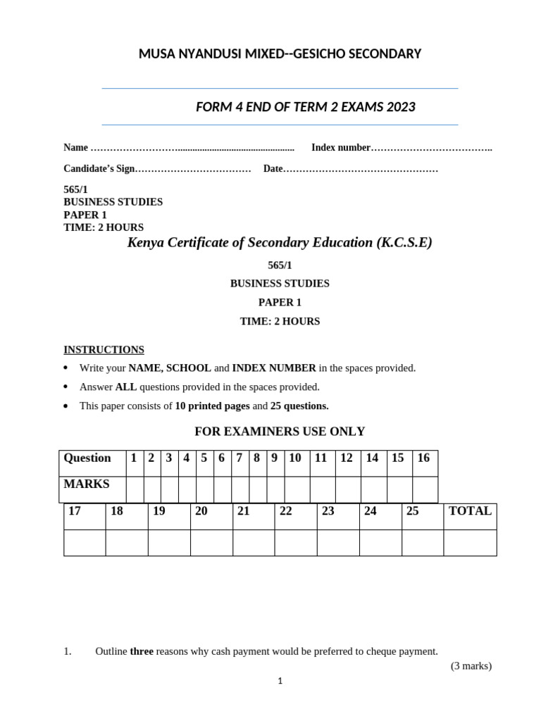 Form 4 Business Studies Exam Paper 2023 | PDF | Economies | Business