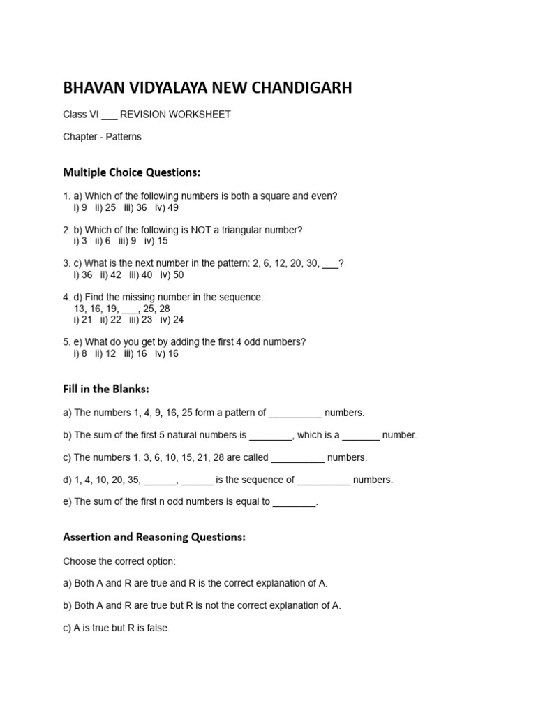 Class VI Patterns Revision Worksheet | PDF