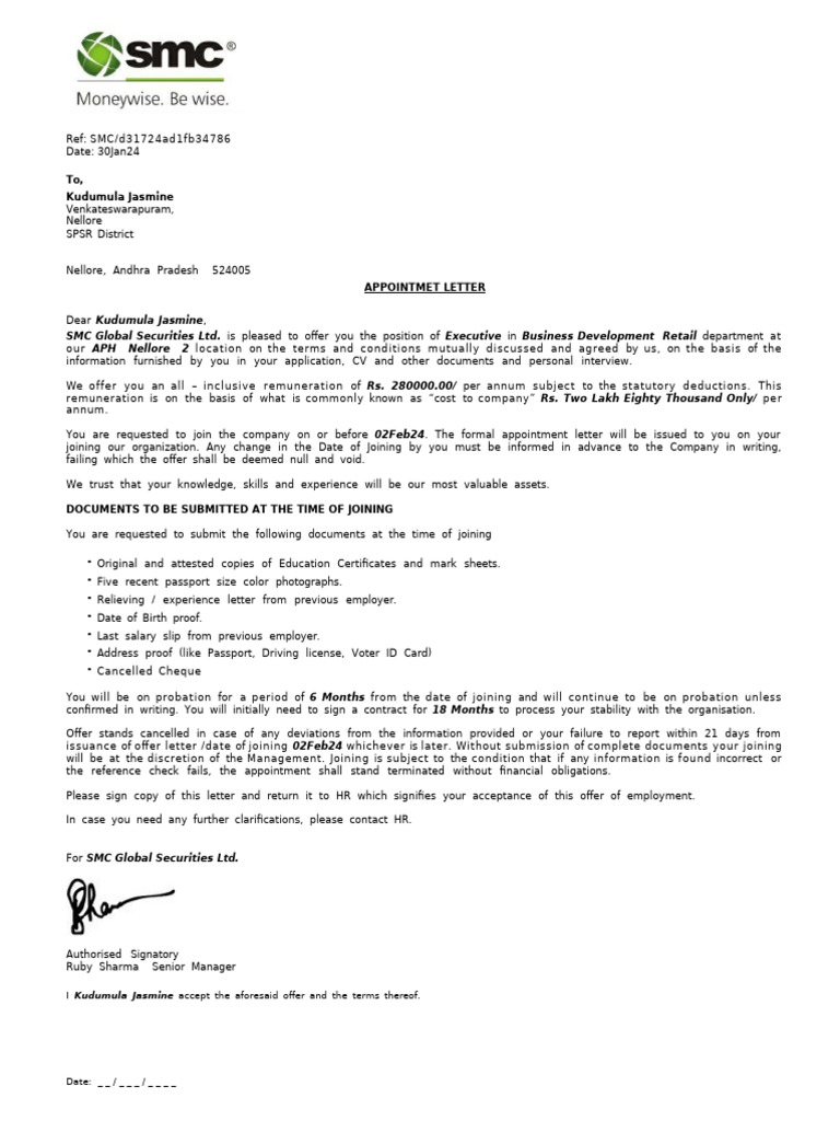 Appointment Letter for Executive Position | PDF