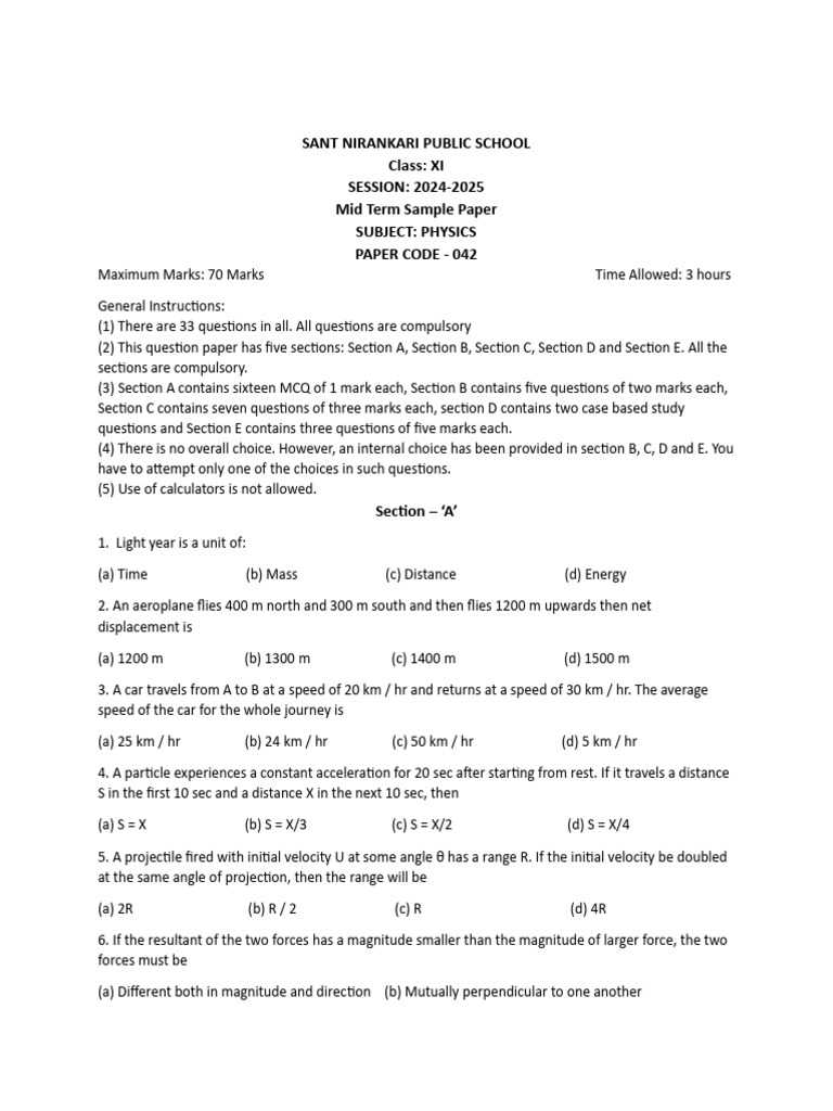 11th Sample Paper Physics | PDF | Force | Applied And Interdisciplinary Physics