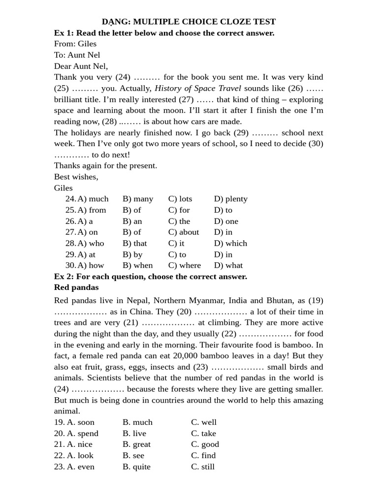 Multiple Choice Cloze Test Exercises | PDF