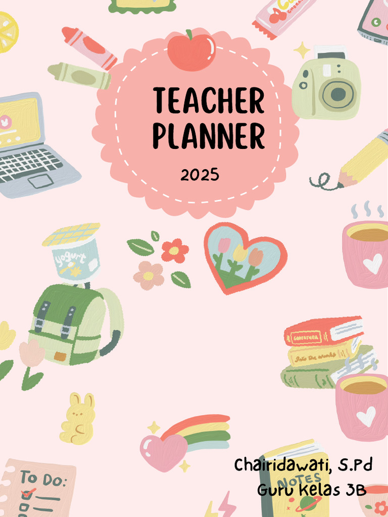 Teacher Planner For 2025 in Pink, Green, Blue and Yellow Cute ...