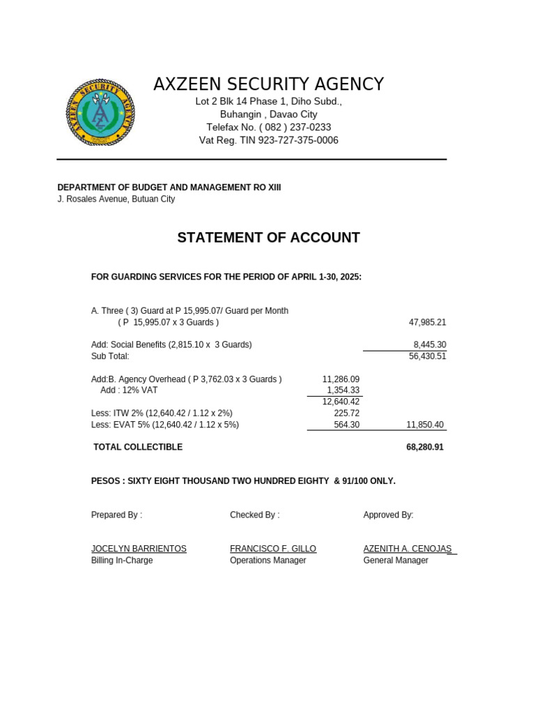 Axzeen Security Agency: Statement of Account | PDF | Foreign Exchange ...