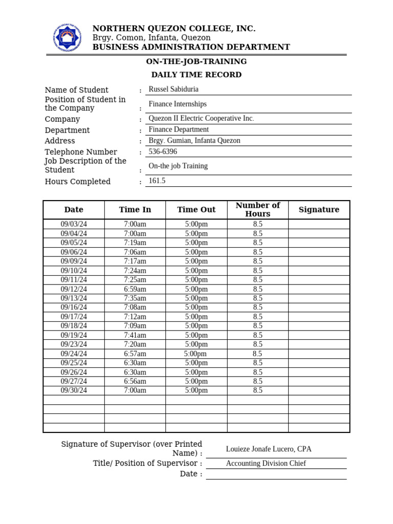 Daily Time Record for Finance Intern | PDF