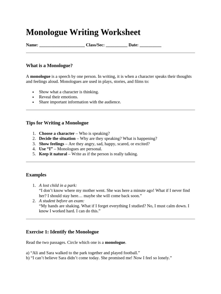 Monologue Writing Worksheet | PDF