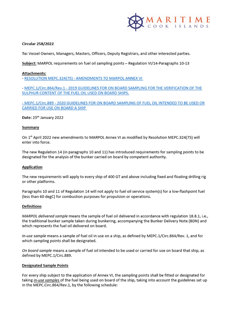Mci Circular 258 Marpol Requirements Fuel Oil | PDF | Fuel Oil | Ships