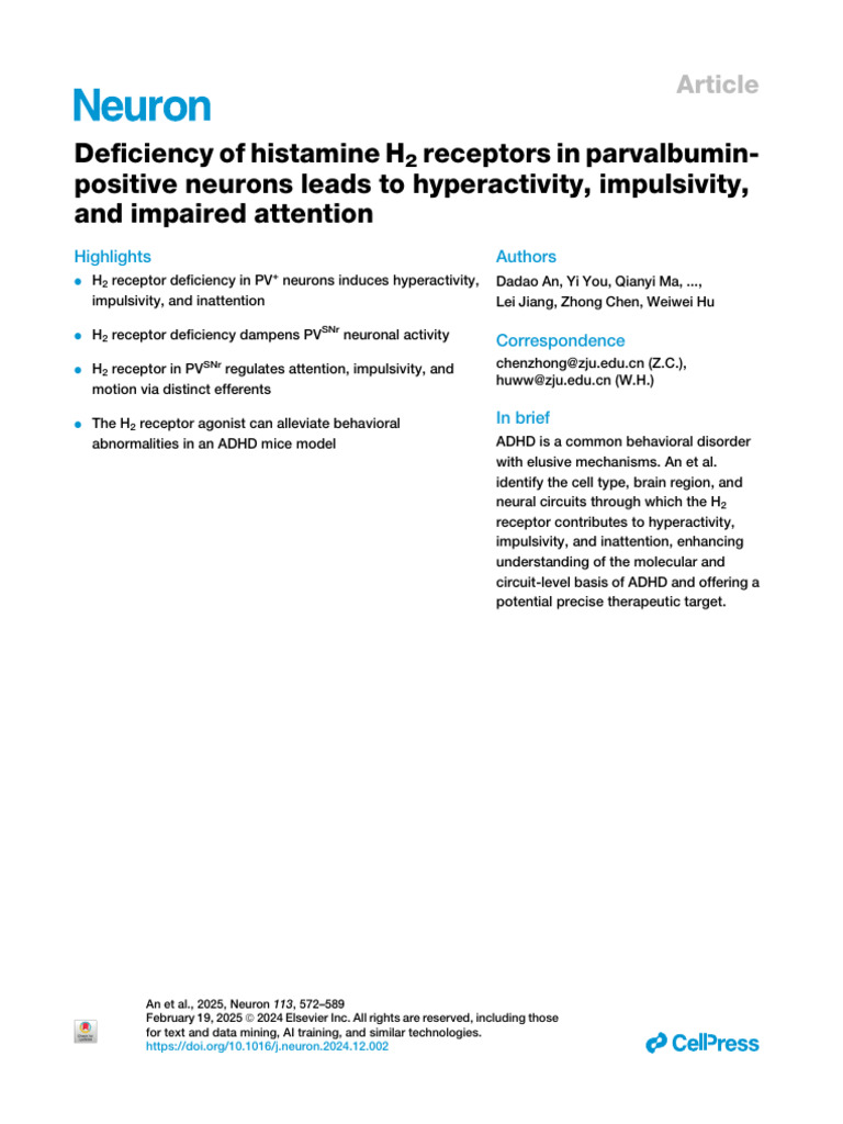 Deficiency of Histamine H Sub 2 Sub Receptors in | PDF | Attention ...