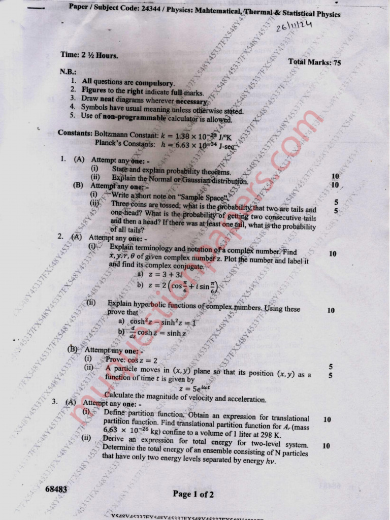Science BSC Physics Semester 5 2024 November Mathematical Thermal ...