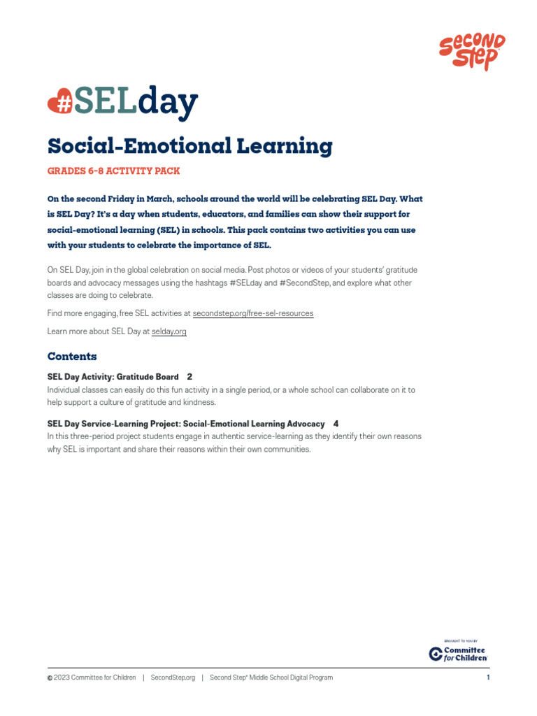 Second Step Free Resources Sel Day g6 g8 Activity Pack | PDF ...