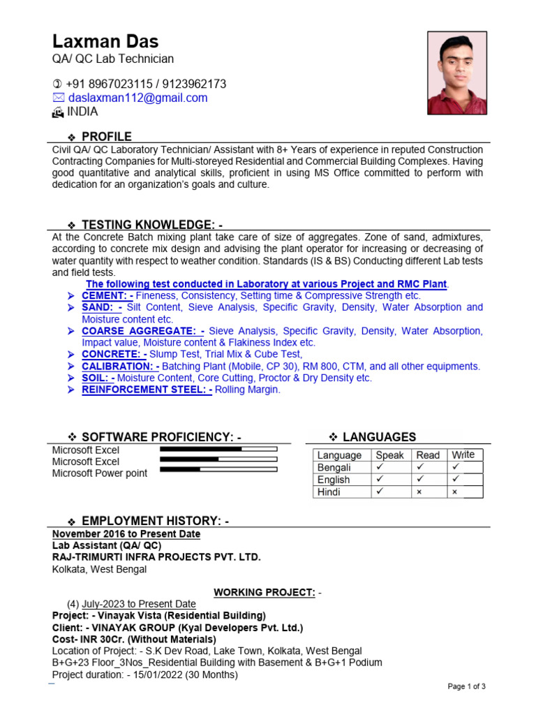 CV - Civil - Qa & QC - Lab Assistant - Laxman Das | PDF | Concrete ...