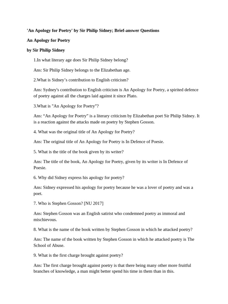 'An Apology For Poetry' by Sir Philip Sidney Brief-Answer Questions ...