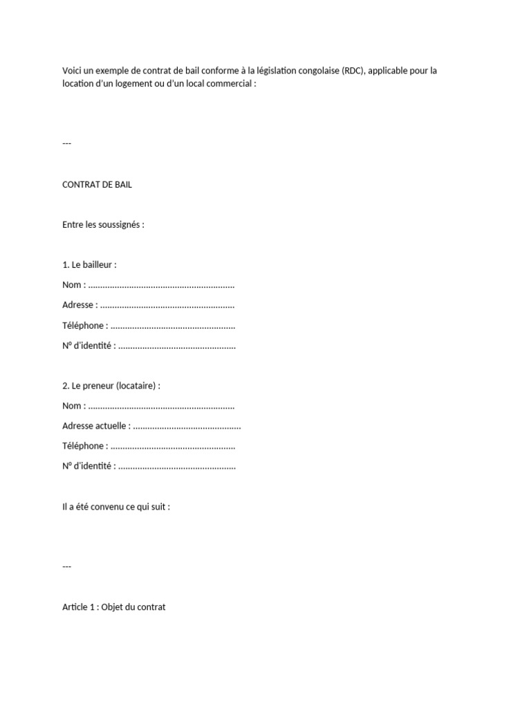 Modèle de contrat de bail en RDC | PDF | Location | Droit privé