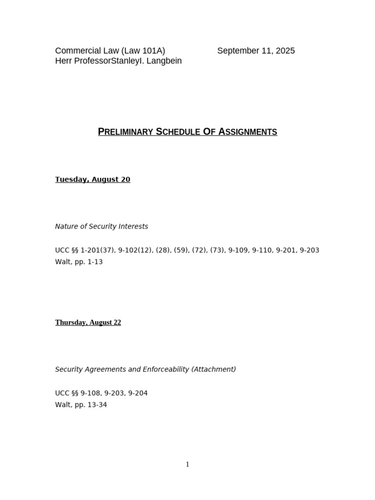 Commercial Law Secured Transactions-Law 101A-Preliminary Schedule of ...