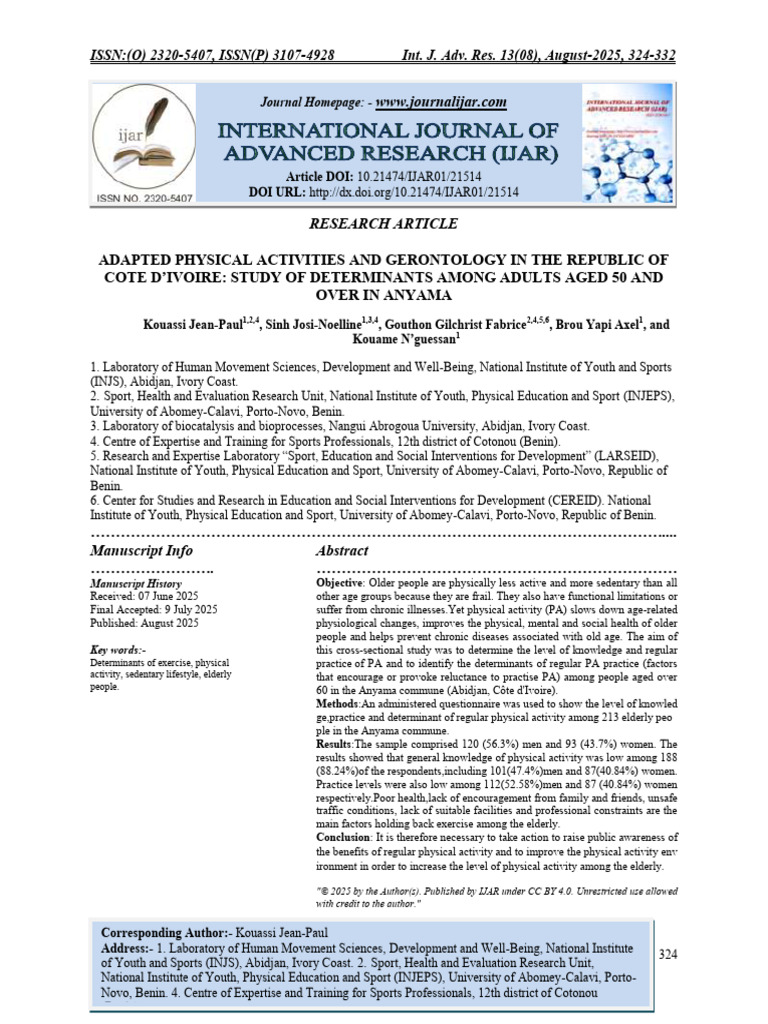 Adapted Physical Activities and Gerontology in The Republic of Cote Divoire: Study of ...