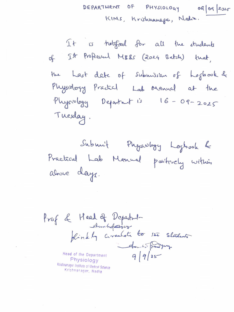 Notice by HOD - Physiology Dept.. | PDF