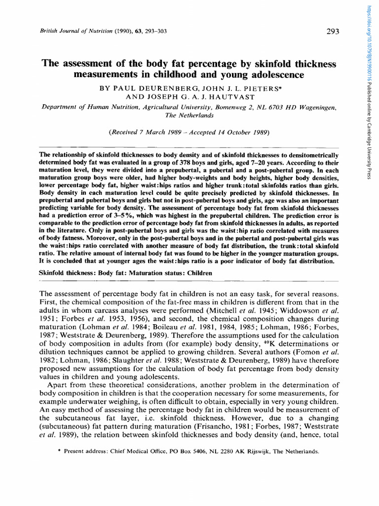 Assessment of The Body Fat Percentage by Skinfold Thickness ...