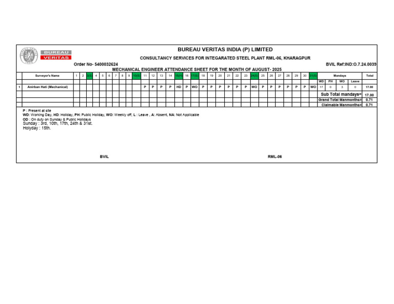 BV RML-06 Time Sheet August-2025 | PDF